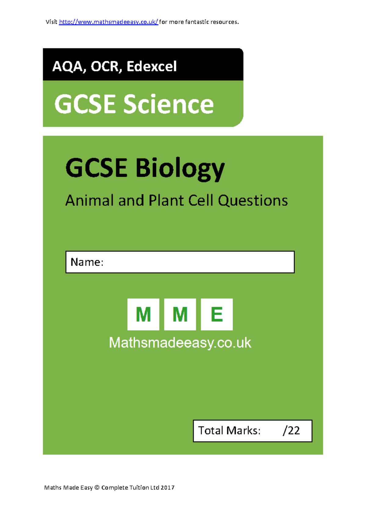 GCSE Biology Revision: Animal & Plant Cell Questions (AQA, OCR, Edexcel ...
