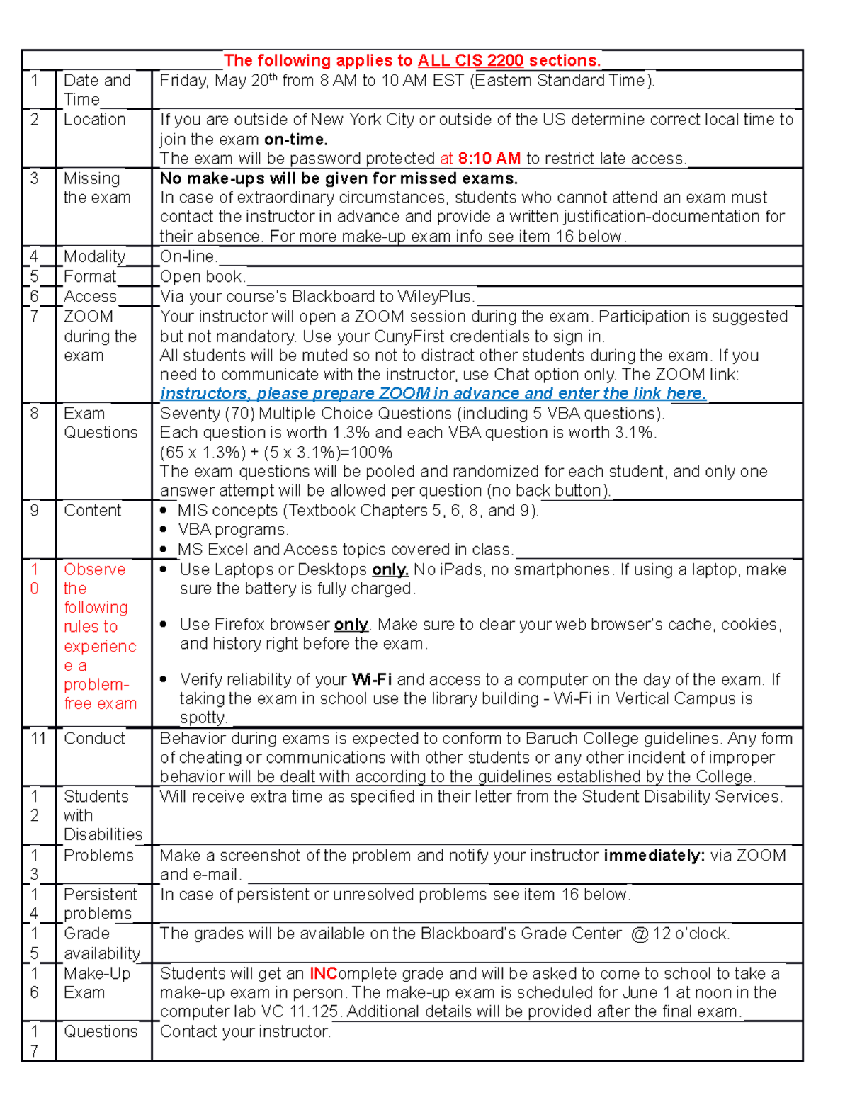 CIS 2200 Final EXAM Guidelines - The following applies to ALL CIS 2200 sections. 1 Date and Time ...