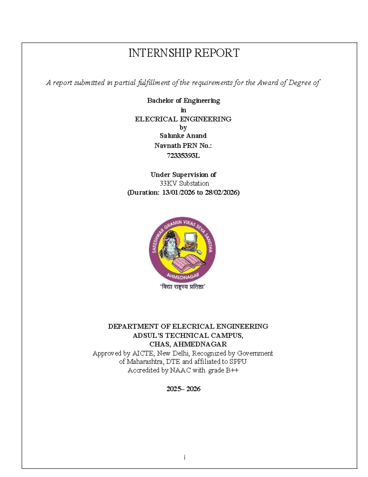 Internship Report on 33kV Substation - B.E. in Electrical Engineering ...
