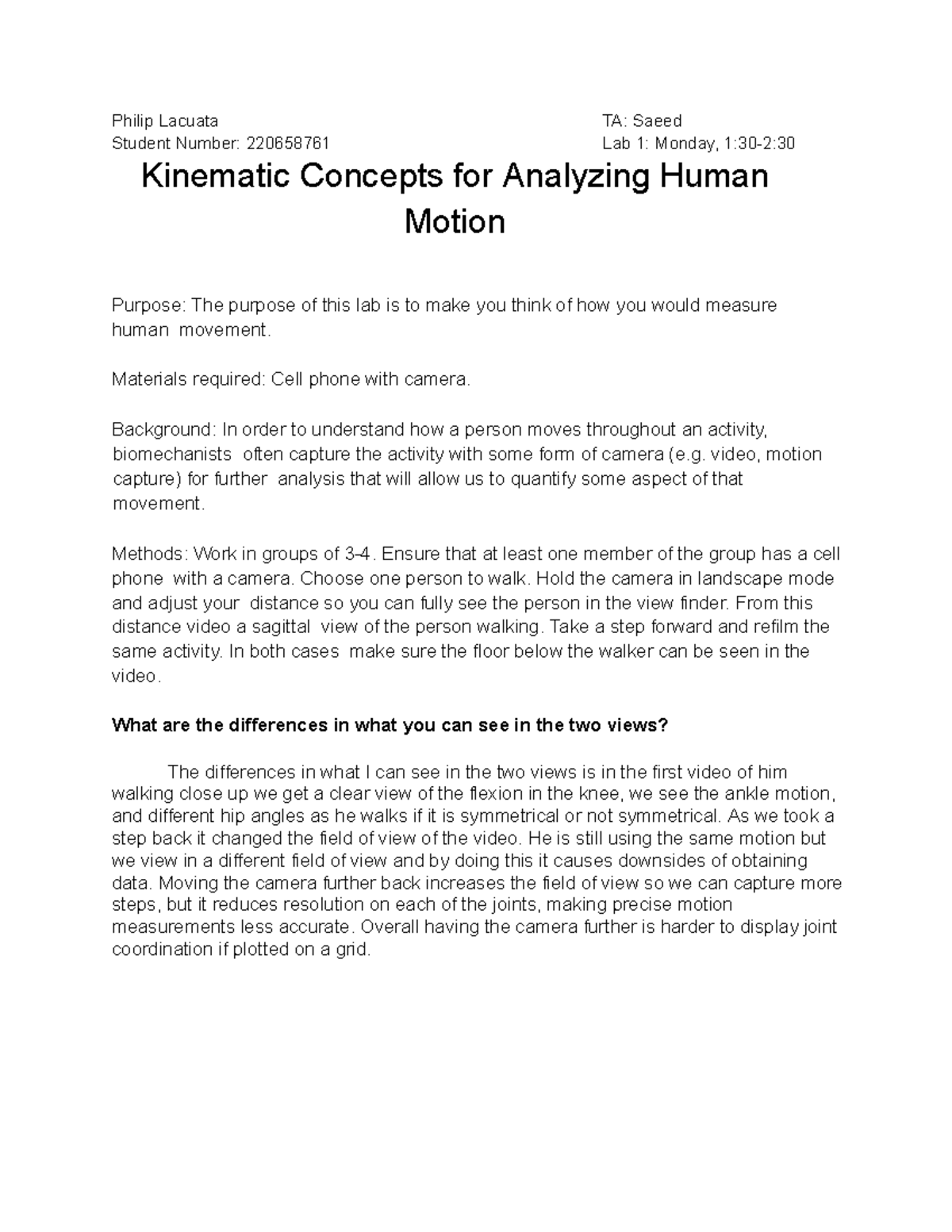 KINE 3030 - Lab 1: Analyzing Human Motion Kinematic Concepts - Studocu