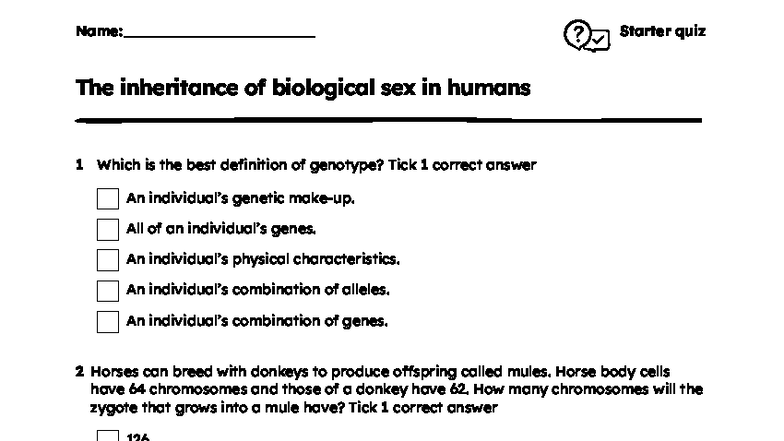 Biology 101: Starter Quiz on Inheritance of Biological Sex - Studocu