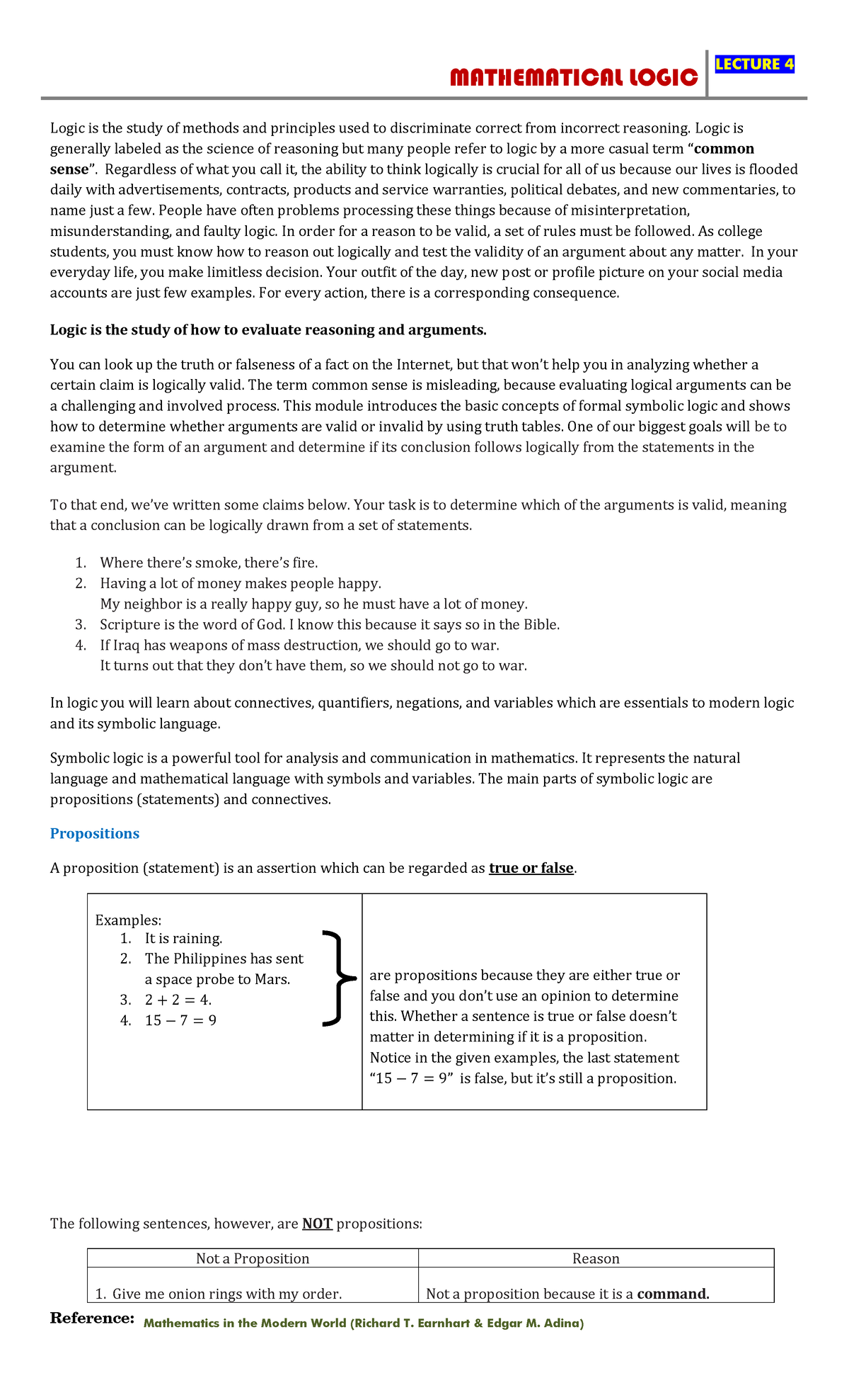 MATHEMATICAL LOGIC LECTURE 4: Understanding Validity and Propositions ...