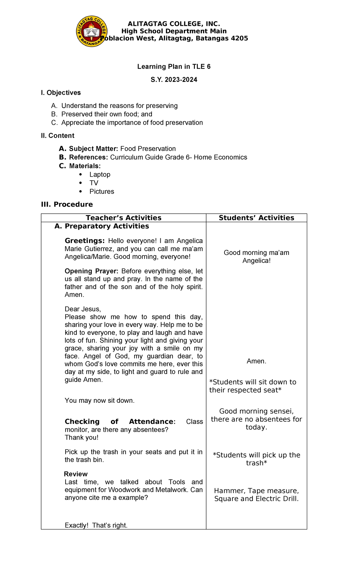Learning Plan in TLE 6: Food Preservation Techniques - Studocu