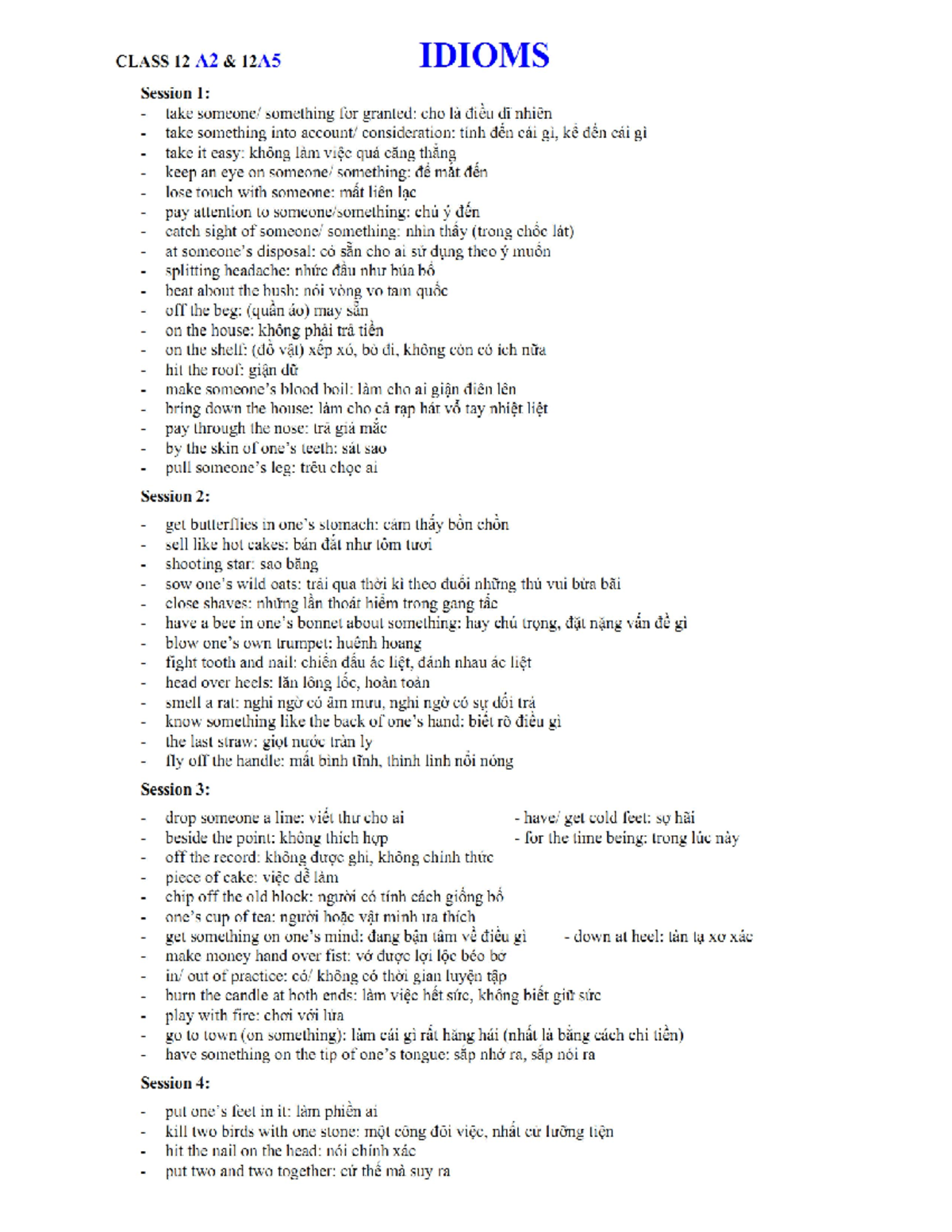 Idioms Class 12 A2 - Comprehensive Study Sessions 1-4 - Studocu