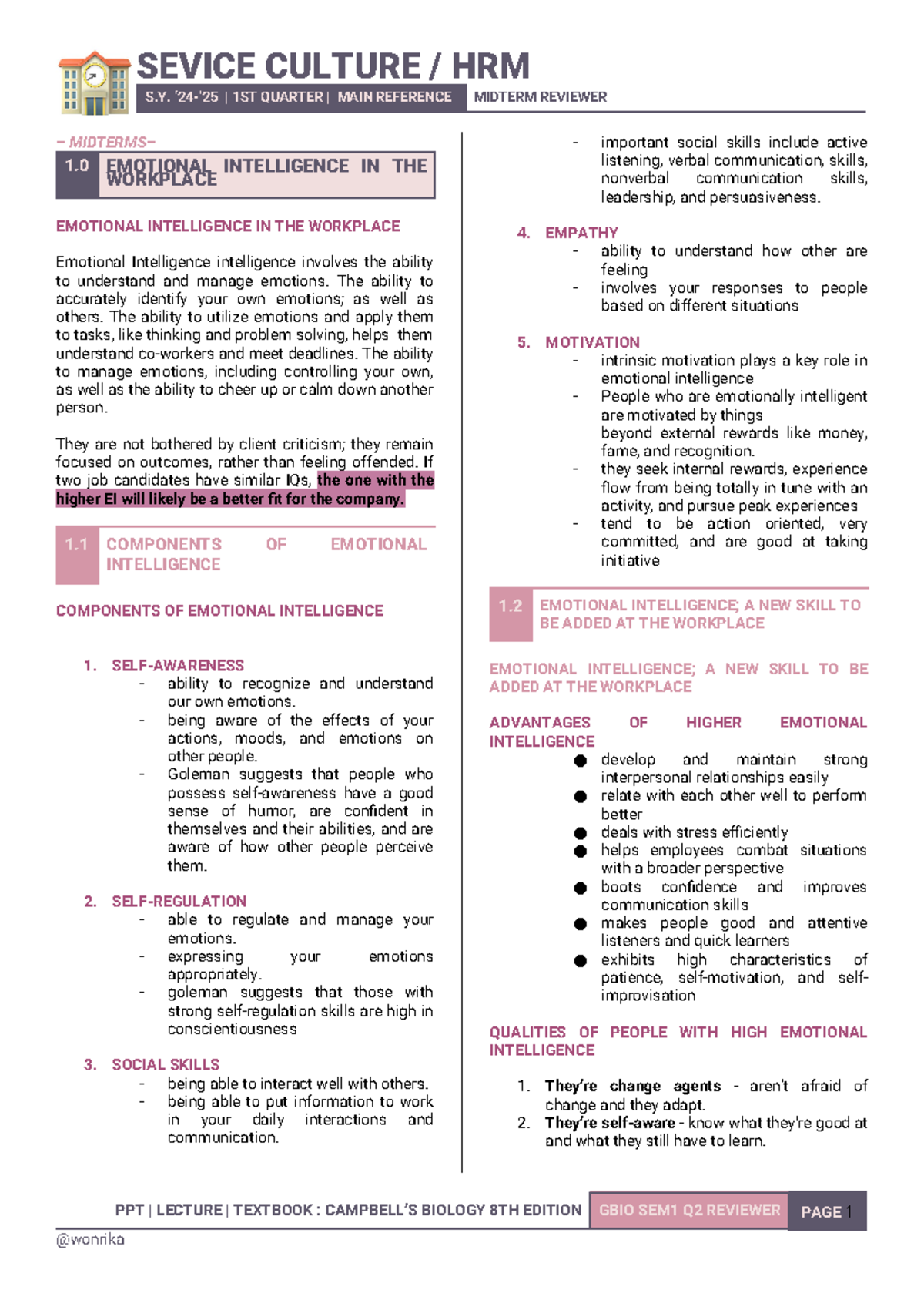 GBIO SEM1 Q2 Midterm Reviewer: Emotional Intelligence in the Workplace ...