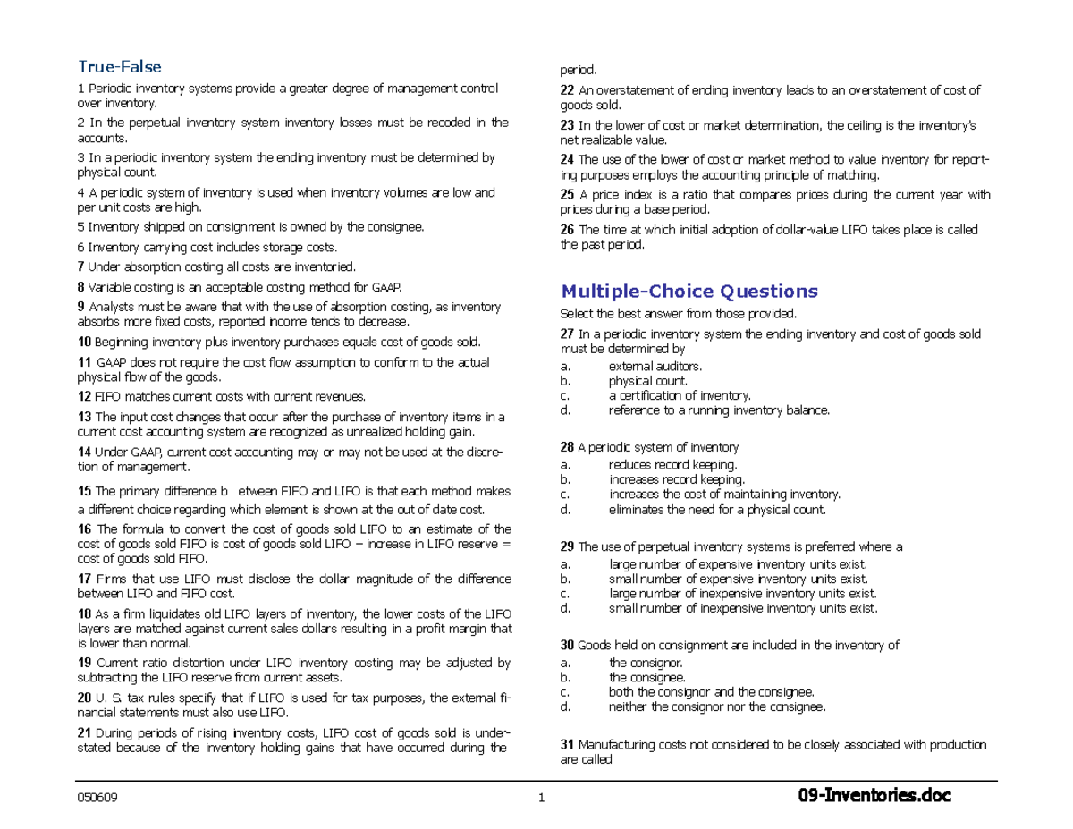 Multiple-choice-questions - True-False 1 Periodic inventory systems ...