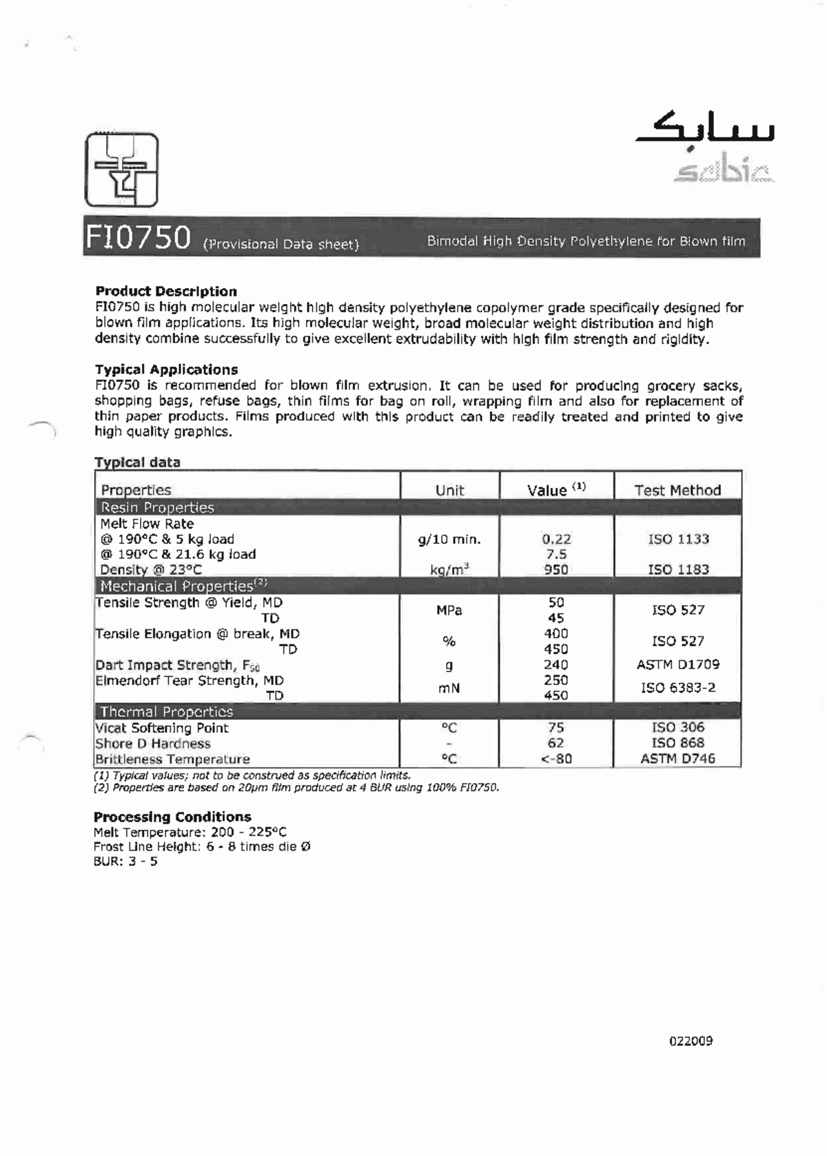 HT ALTA Sabic FI0750 - Provisional Data Sheet for Blown Film ...