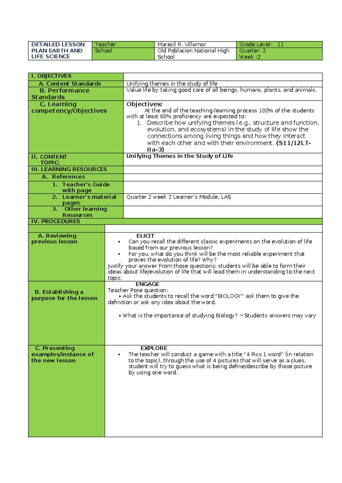 Detailed Lesson Plan: Earth and Life Science (Grade 11, Q2, WK2) - Studocu
