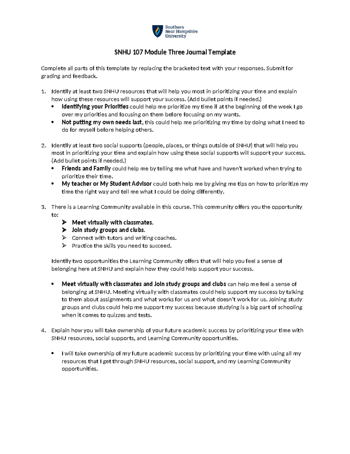 SNHU 107 Module 3 Journal - Strategies for Effective Time Management ...