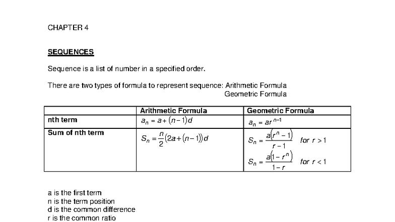 Chapter 4 Sequences Arithmetic Geometric Formulas Explained Studocu