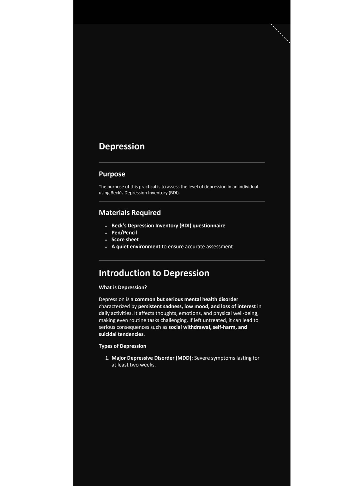 BDI Practical Manual: Assessing Depression Levels and Interpretation ...
