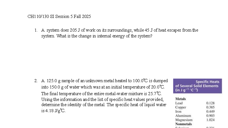 CH110 130 SI Session 5 Fall 2025: Work, Heat, and Metal Identity Problems - Studocu
