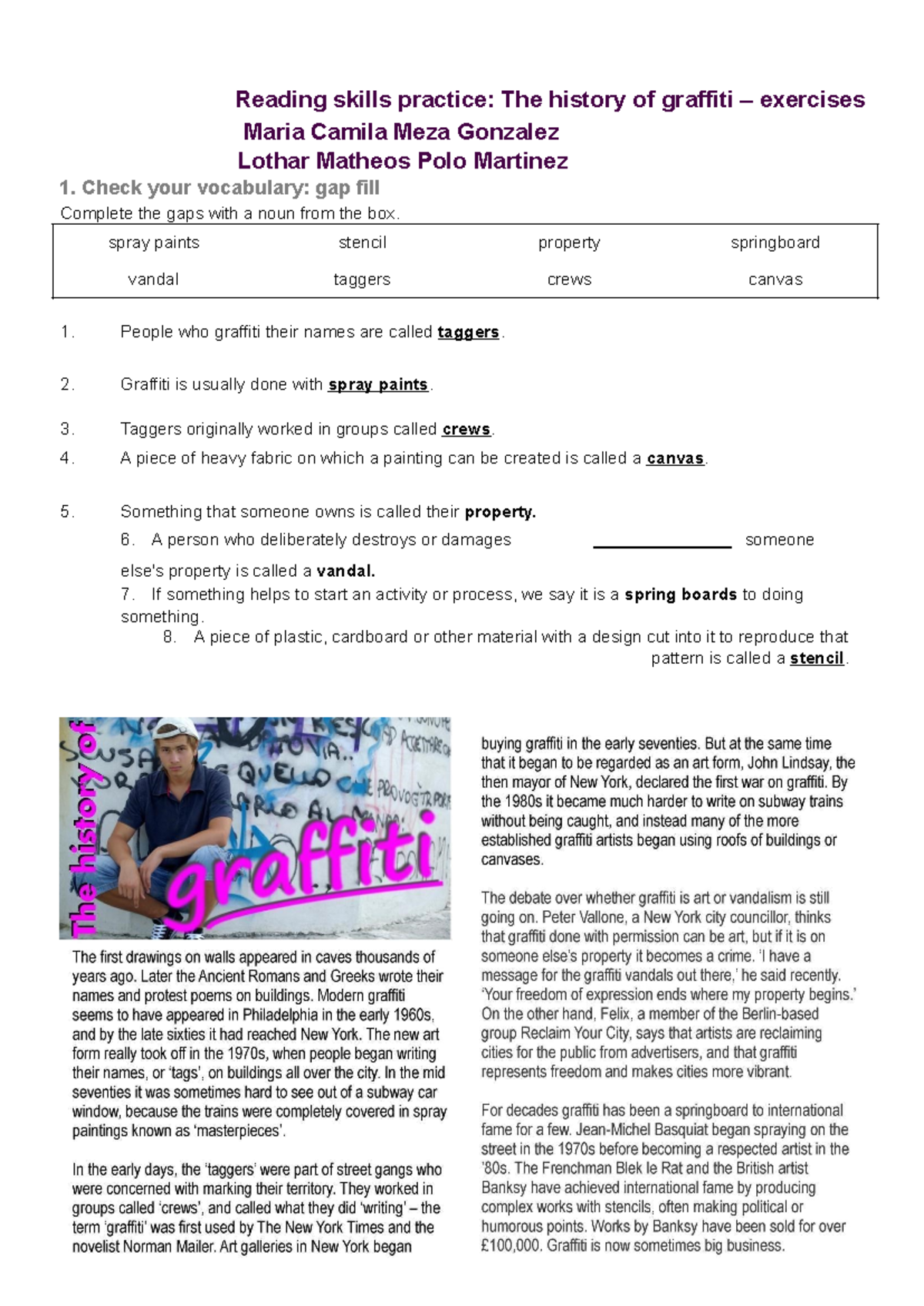 ENG 101: Reading Skills Practice - The History of Graffiti Exercises ...