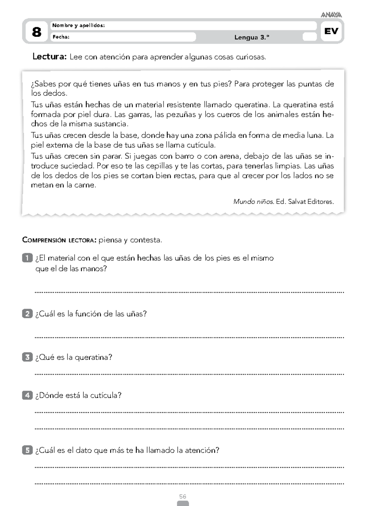 Evaluación de Comprensión Lectora - Lengua 3.º EV Unidad 8 - Studocu