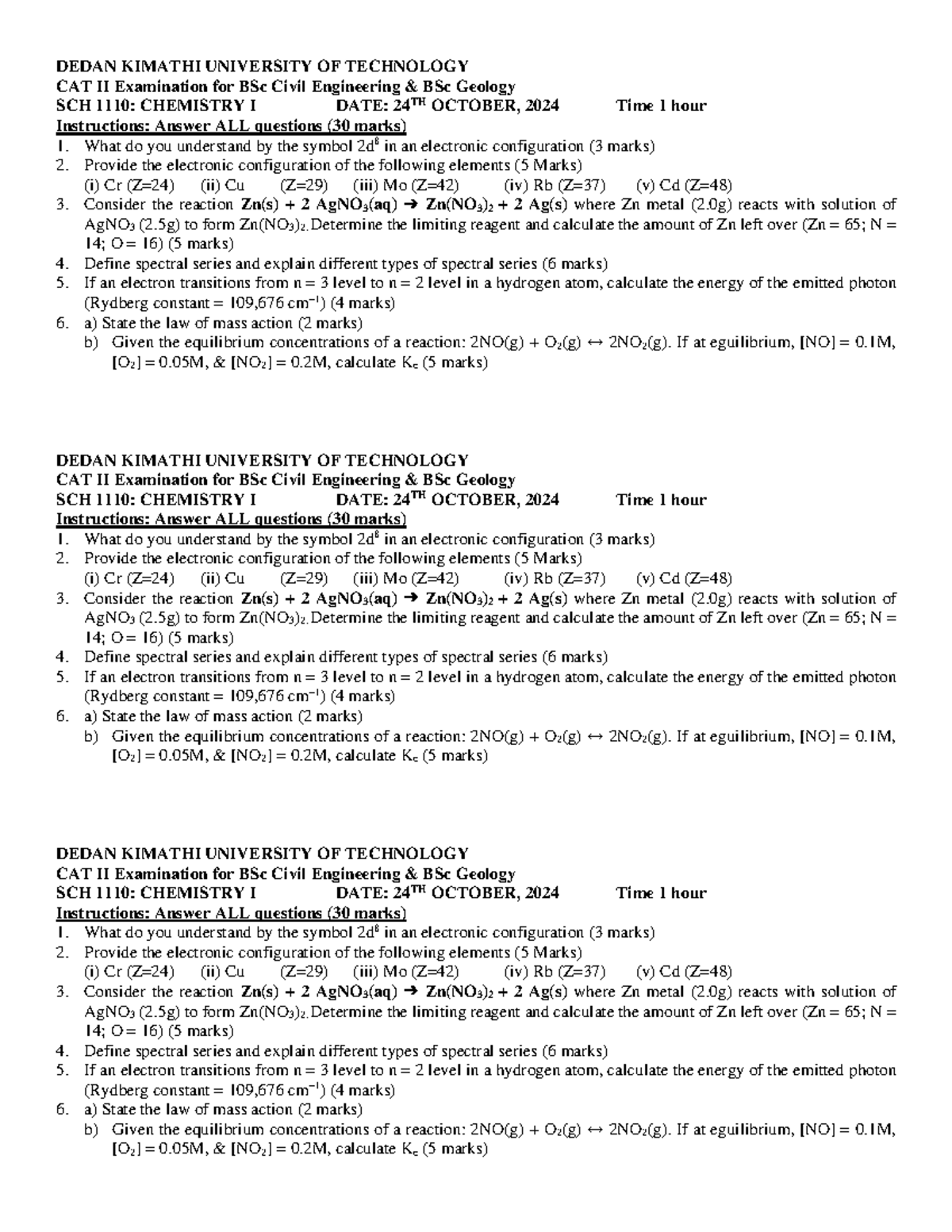 CAT II - SCH 1110 Chemistry Exam: Electronic Configurations & Reactions ...
