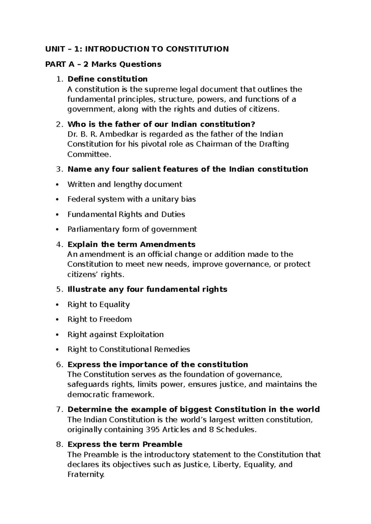 Constitution of India - COI: Unit 1 Overview and Key Concepts - Studocu