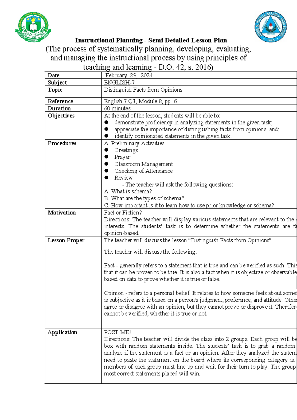 SEMI-DETAILED LESSON PLAN: Distinguishing Facts vs. Opinions (ENG-7 ...
