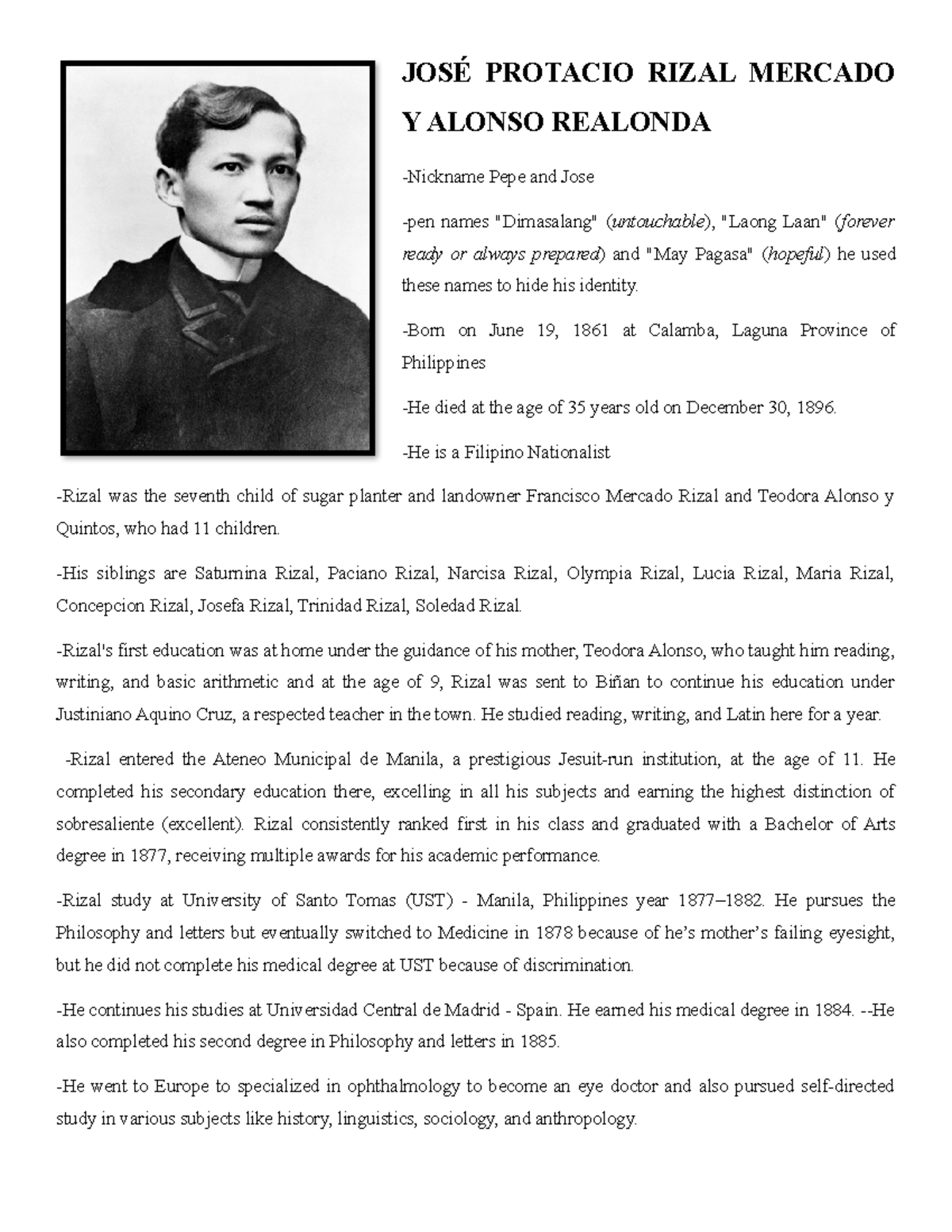 Biographical Sketch of Jose Rizal: Life, Works & Legacy - Studocu