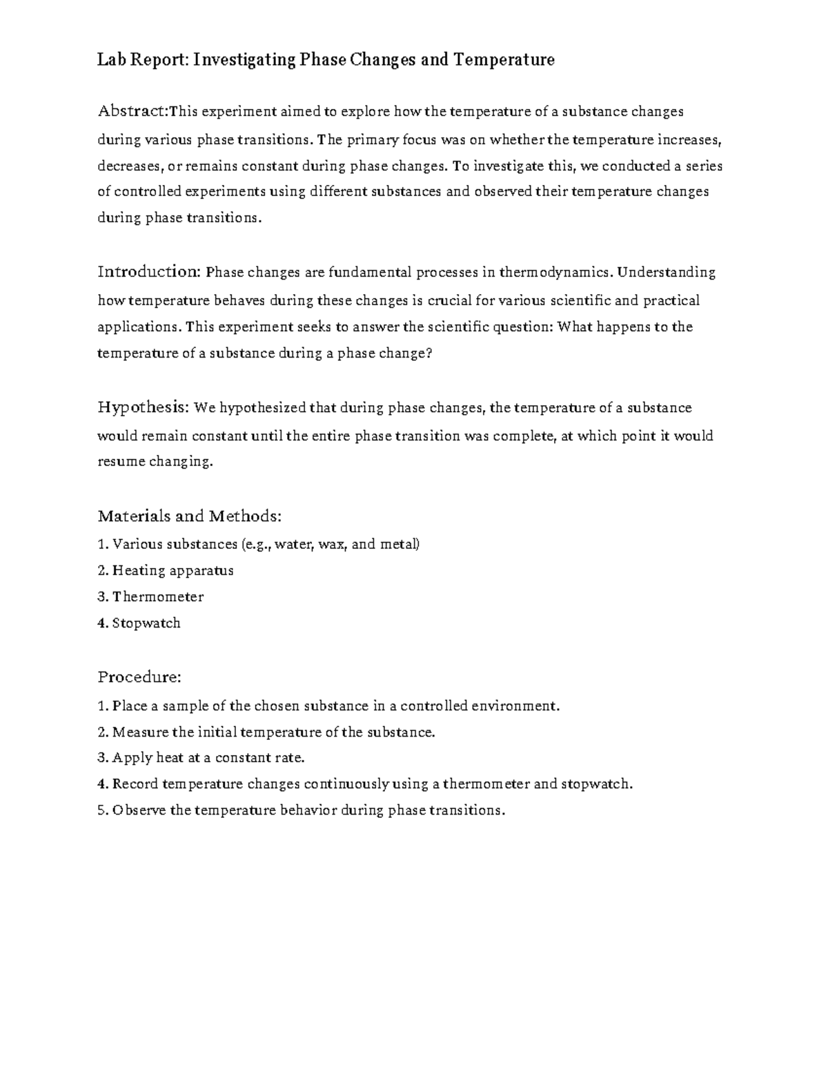 Lab Report: Phase Changes & Temperature Analysis (SCI101) - Studocu