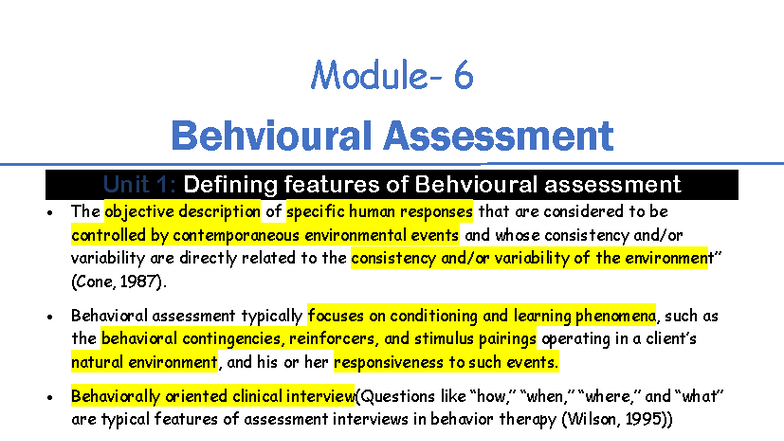 6 - Behavioral Assessment Unit 1: Key Features and Methods in Clinical ...
