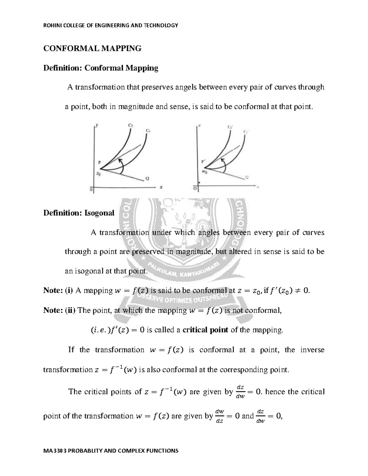 MA3303 PROBABILITY AND COMPLEX FUNCTIONS: Conformal Mapping Notes - Studocu