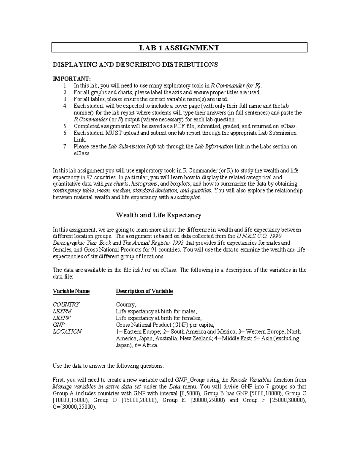 Displaying and Describing Distributions: Lab 1 Assignment (STAT101) - Studocu