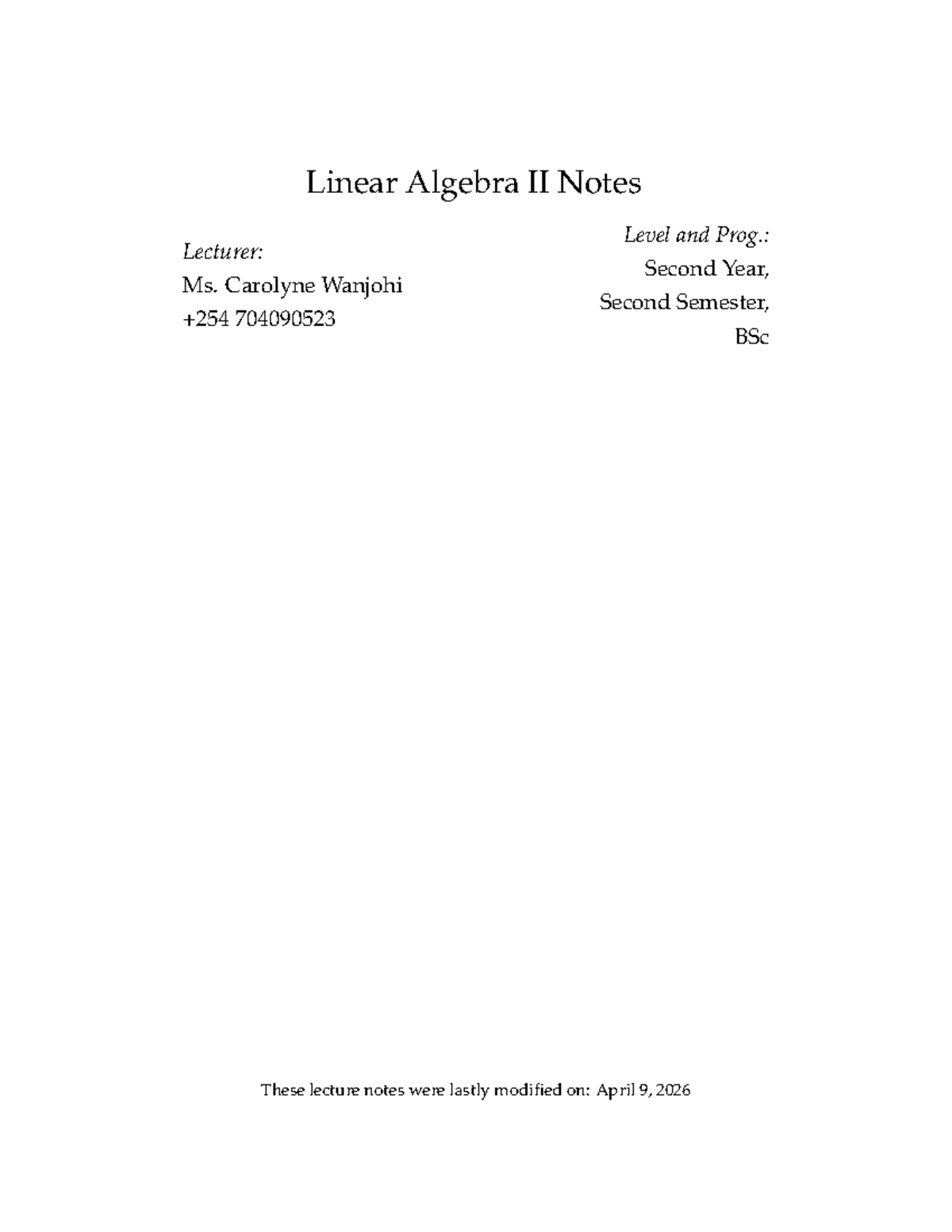 Linear Algebra II Lecture Notes - Determinants & Eigenvalues - Studocu