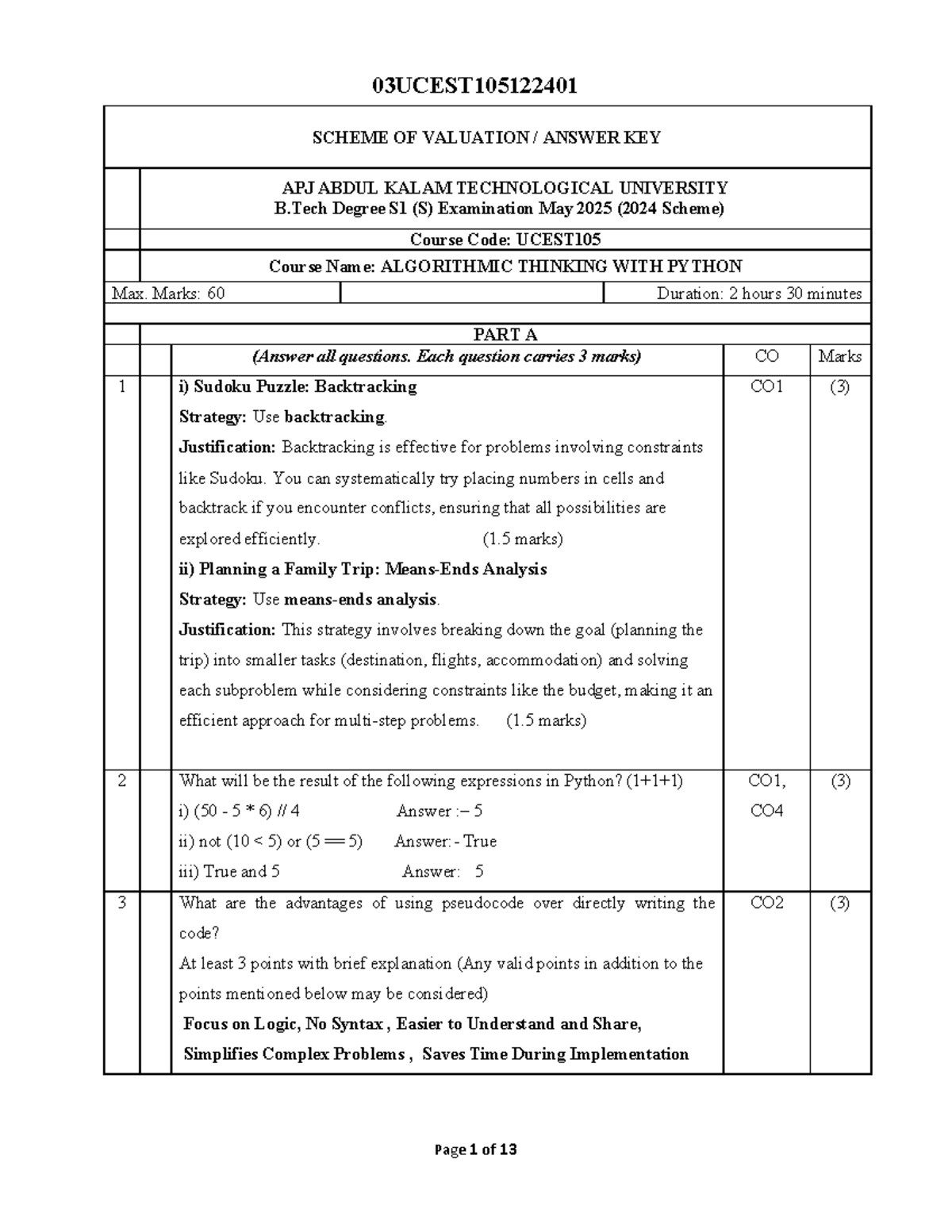 03UCEST105 Algorithmic Thinking with Python - Answer Key for May 2025 Exam - Studocu
