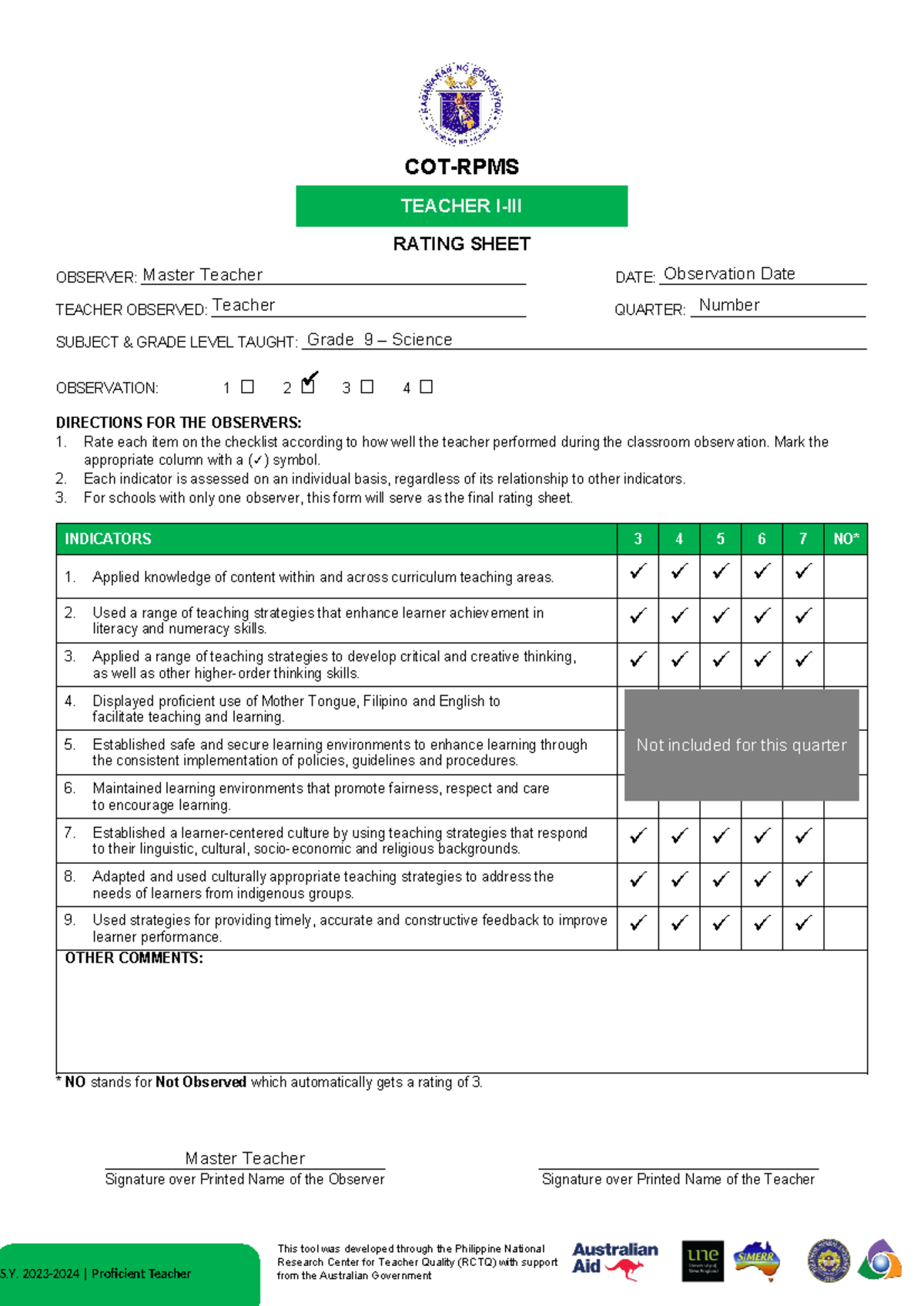 COT-RPMS Rating Sheet T1-3: Teacher Observation Guide 2023-2024 - Studocu