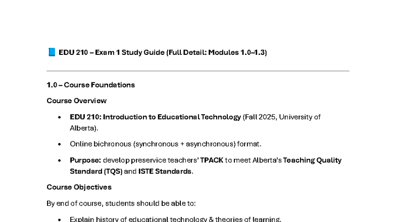 EDU 210 Exam 1 Study Guide: Foundations of Educational Technology - Studocu