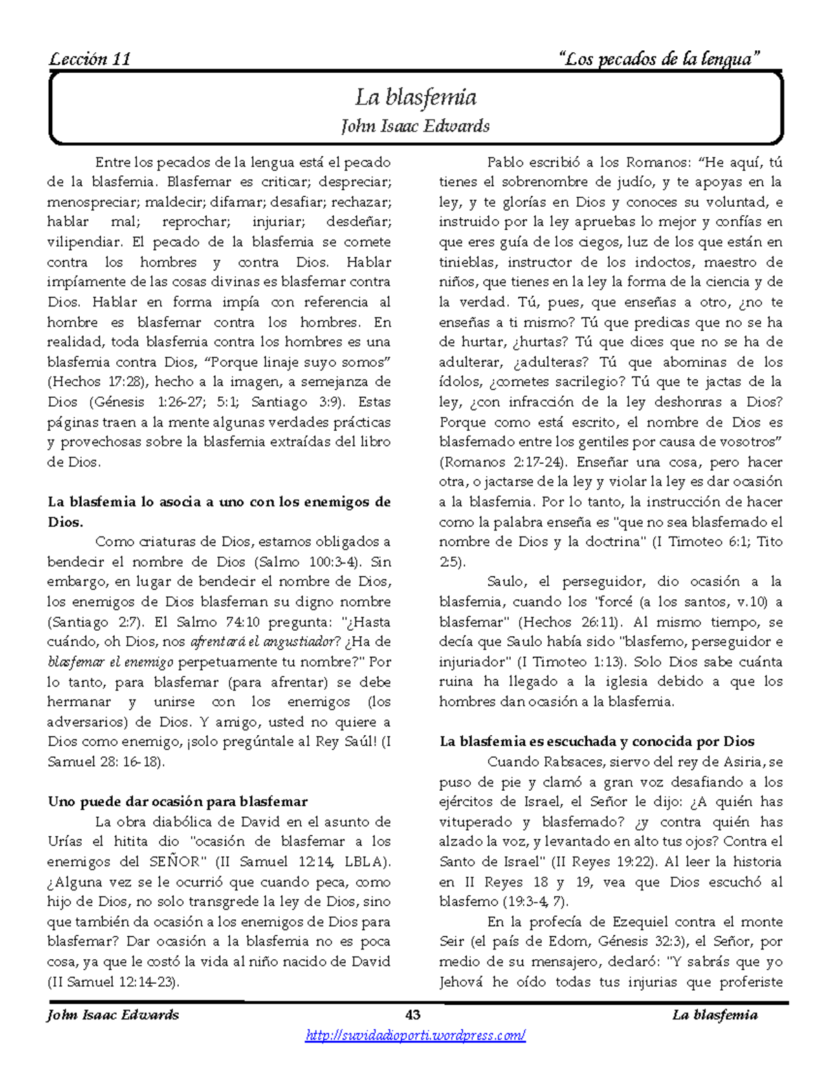 Lección 11: La Blasfemia según John Isaac Edwards - Studocu