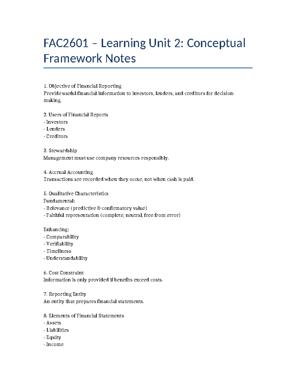 FAC2601 Learning Unit 2: Conceptual Framework Overview Notes - Studocu