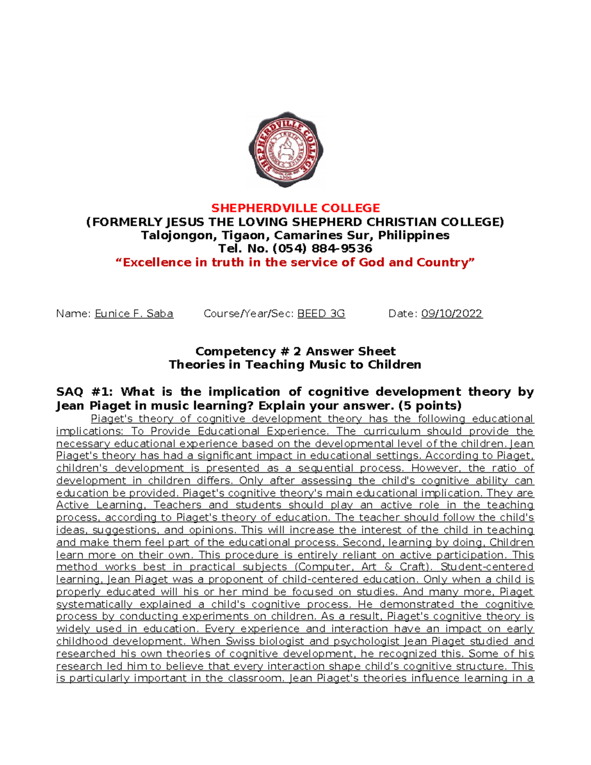 BEED 3G Competency #2 Answer Sheet: Theories in Music Teaching - Studocu