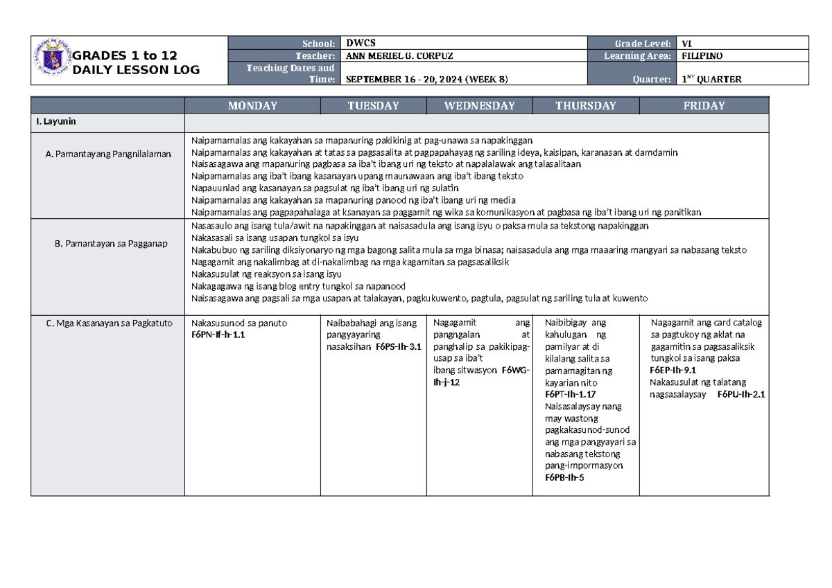DLL Filipino 6 Q1 W8 - Daily Lesson Log Guide for Grade VI - Studocu