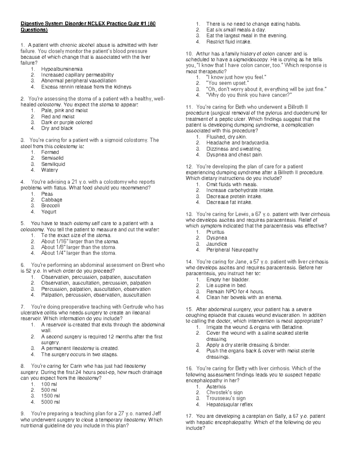Digestive System Disorders NCLEX Practice Quiz (80 Questions) - Studocu