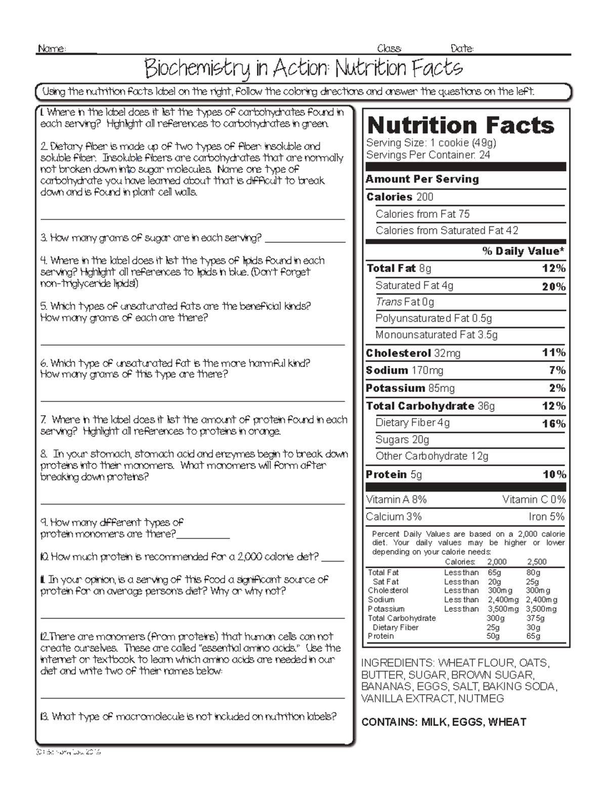 Biochemistry 101: Nutrition Facts Worksheet and Answer Key - Studocu