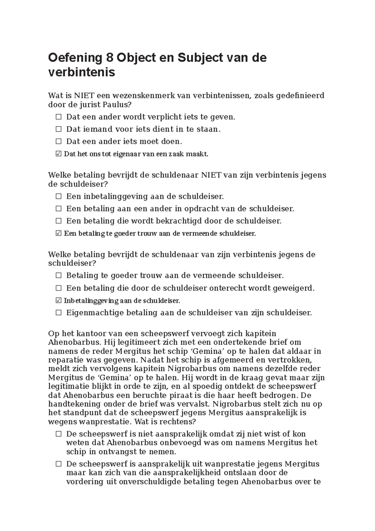 Oefening 8: Object en Subject van de Verbintenis in het Recht - Studeersnel