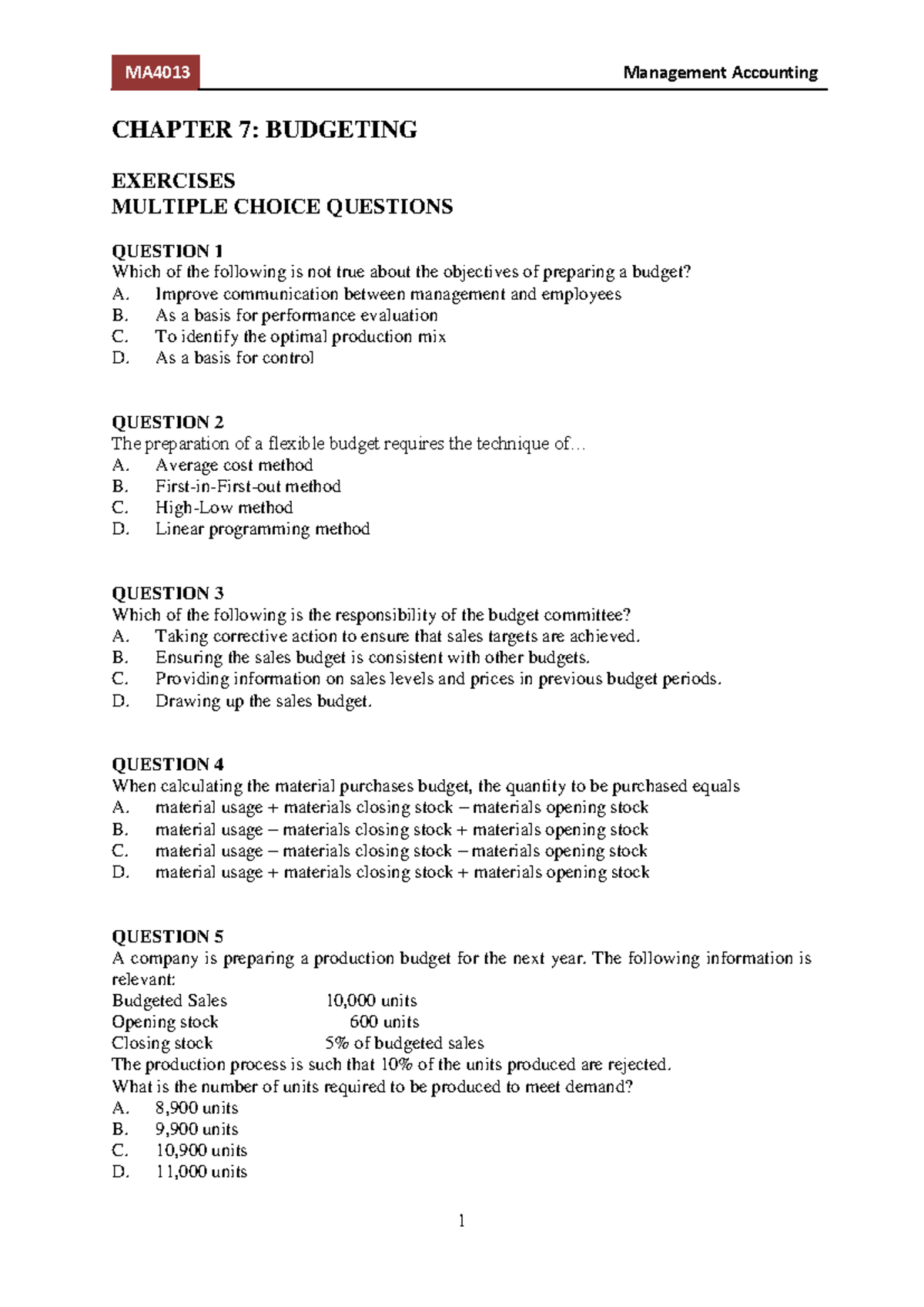 Chapter 7: Budgeting Exercises and Questions for Analysis - Studocu