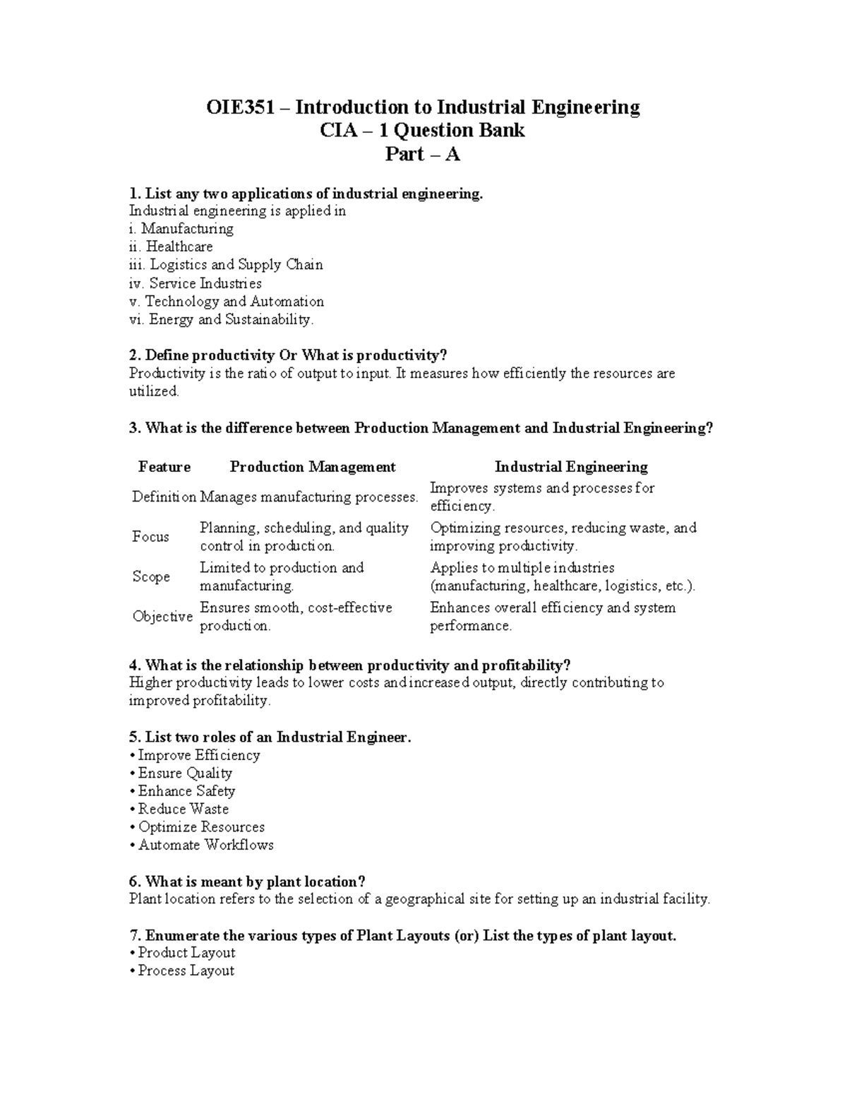 OIE351 Introduction to Industrial Engineering CIA 1 Question Bank - Studocu