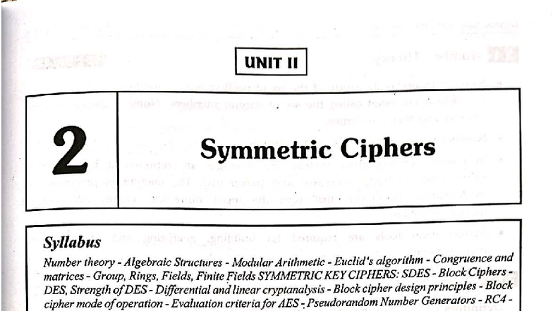 CCS Unit 2 - Symmetric Ciphers and Number Theory Notes - Studocu