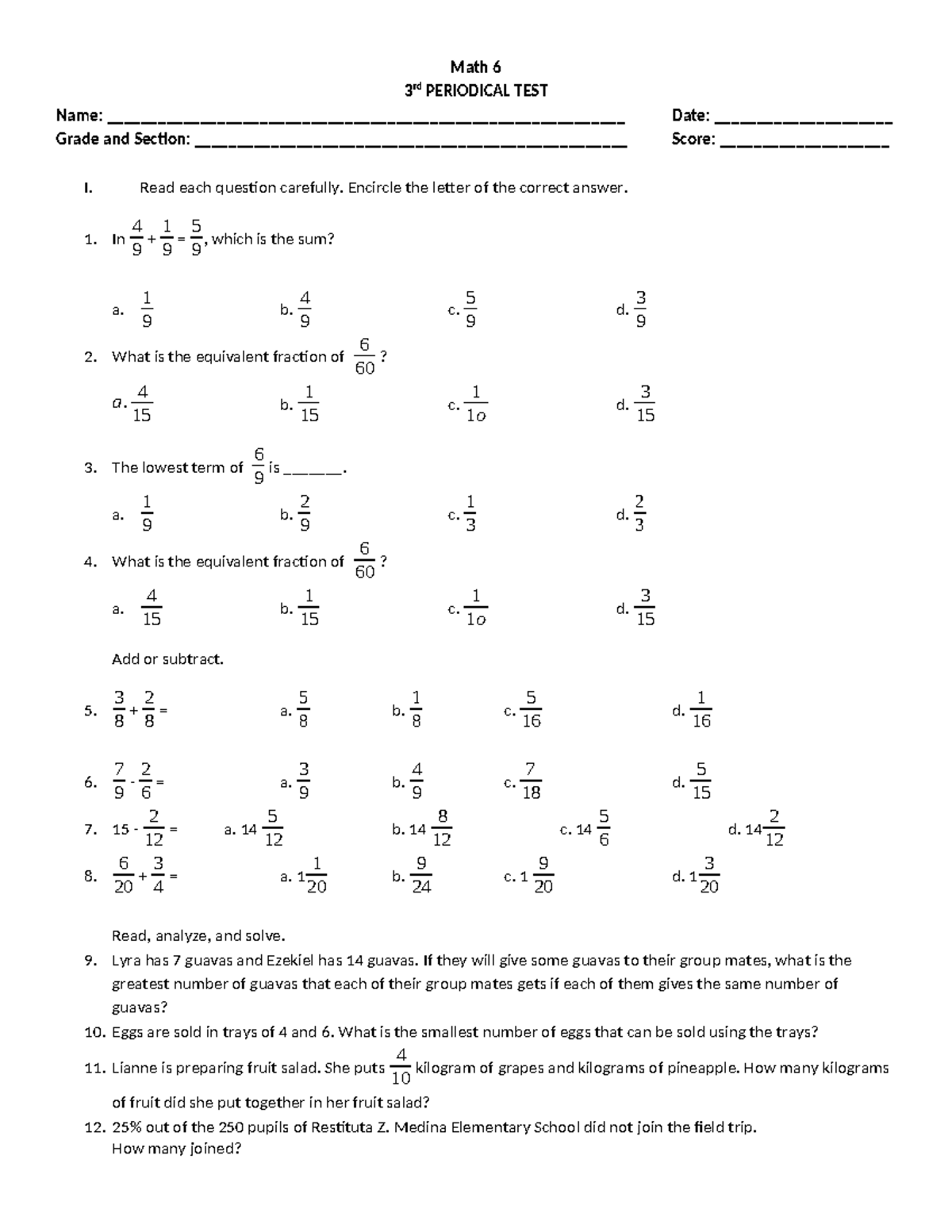 Grade 6 Math 3rd Periodical Test Questions and Answers - Studocu