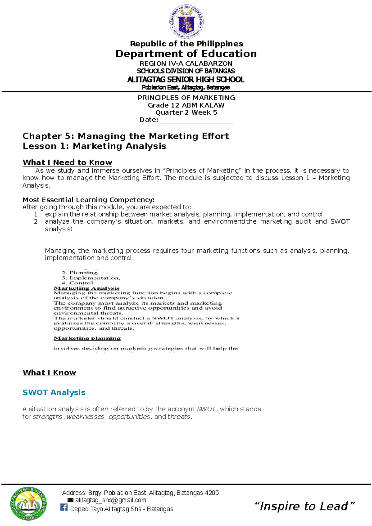 Principles of Marketing (ABM 12) Q2 W5: Marketing Analysis and Planning ...