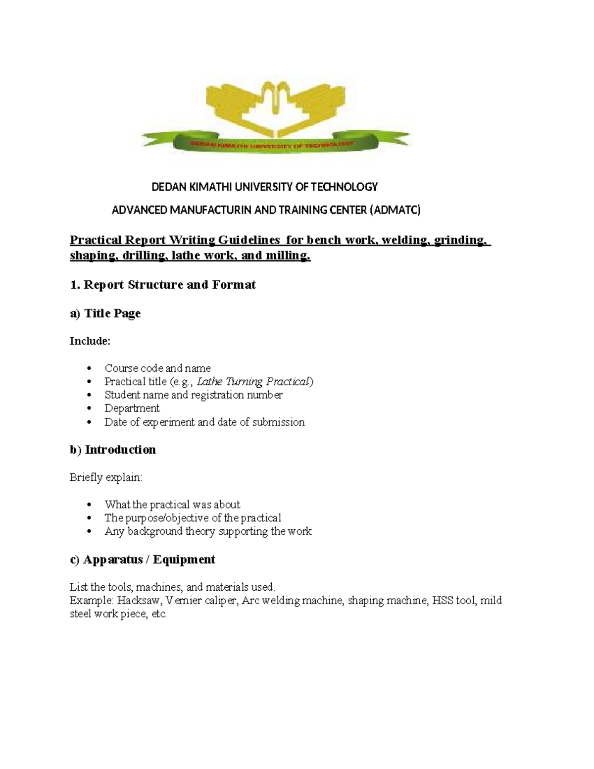 ADMATC Practical Report Writing Guidelines for Manufacturing Techniques ...