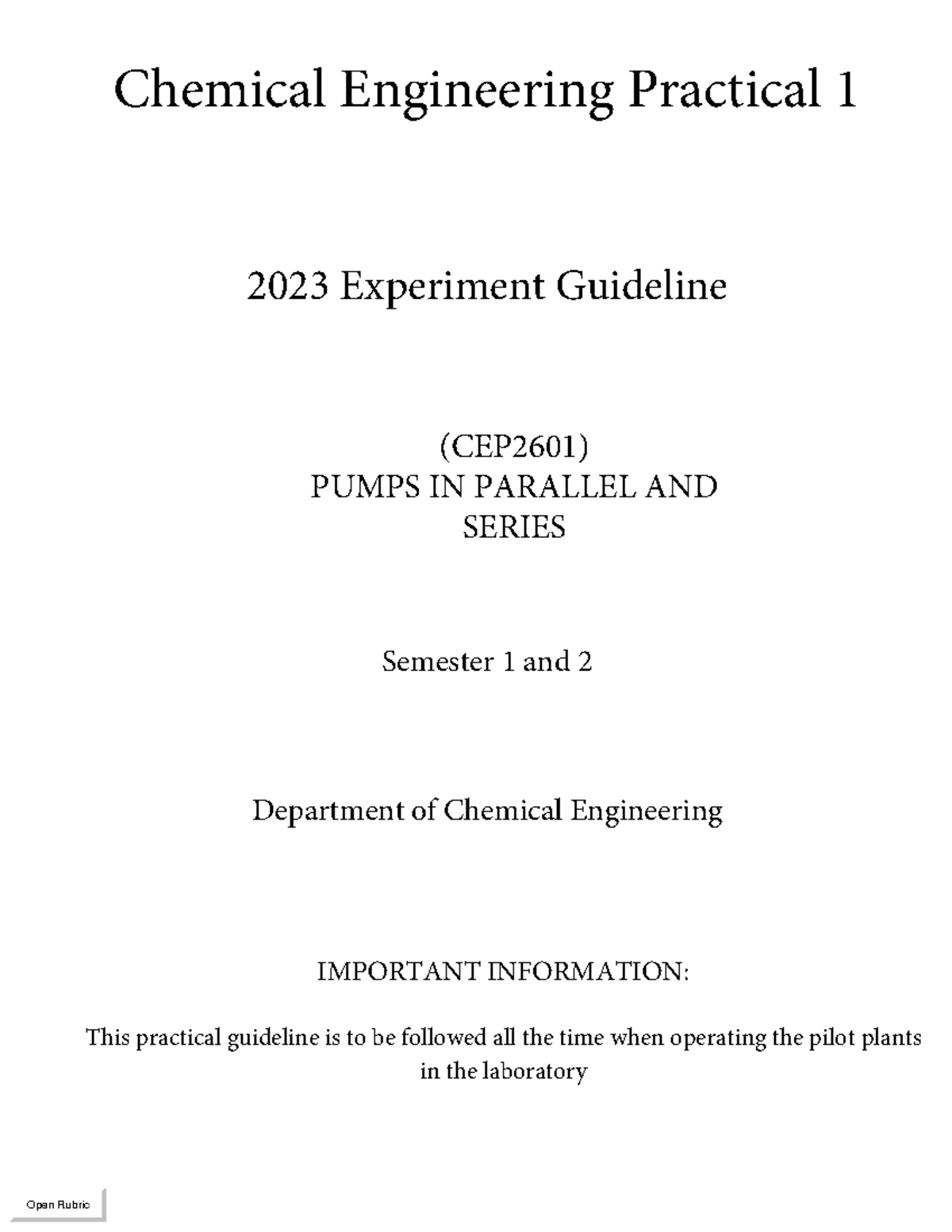 CEP2601 Practical Guide: Pumps in Parallel and Series Operations - Studocu