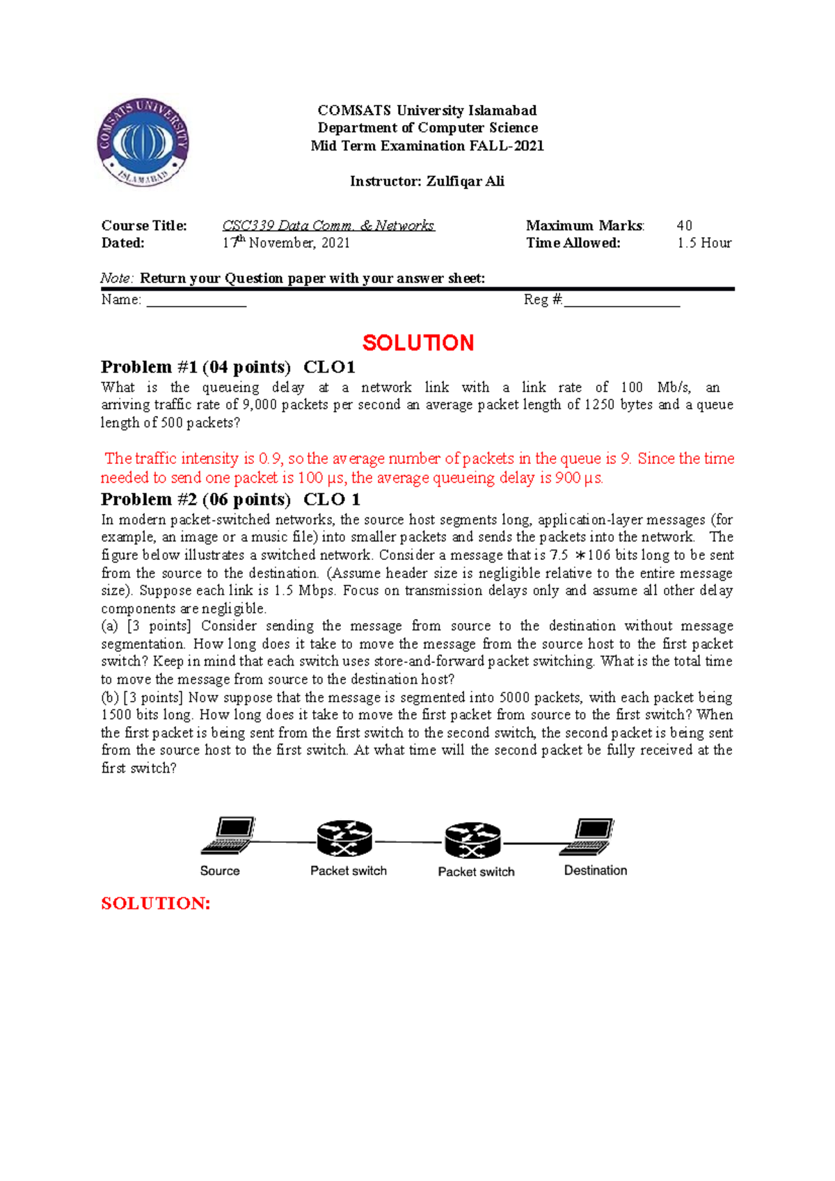 Final Exam Solutions for CSC339 Data Comm. & Networks - Fall 2021 - Studocu