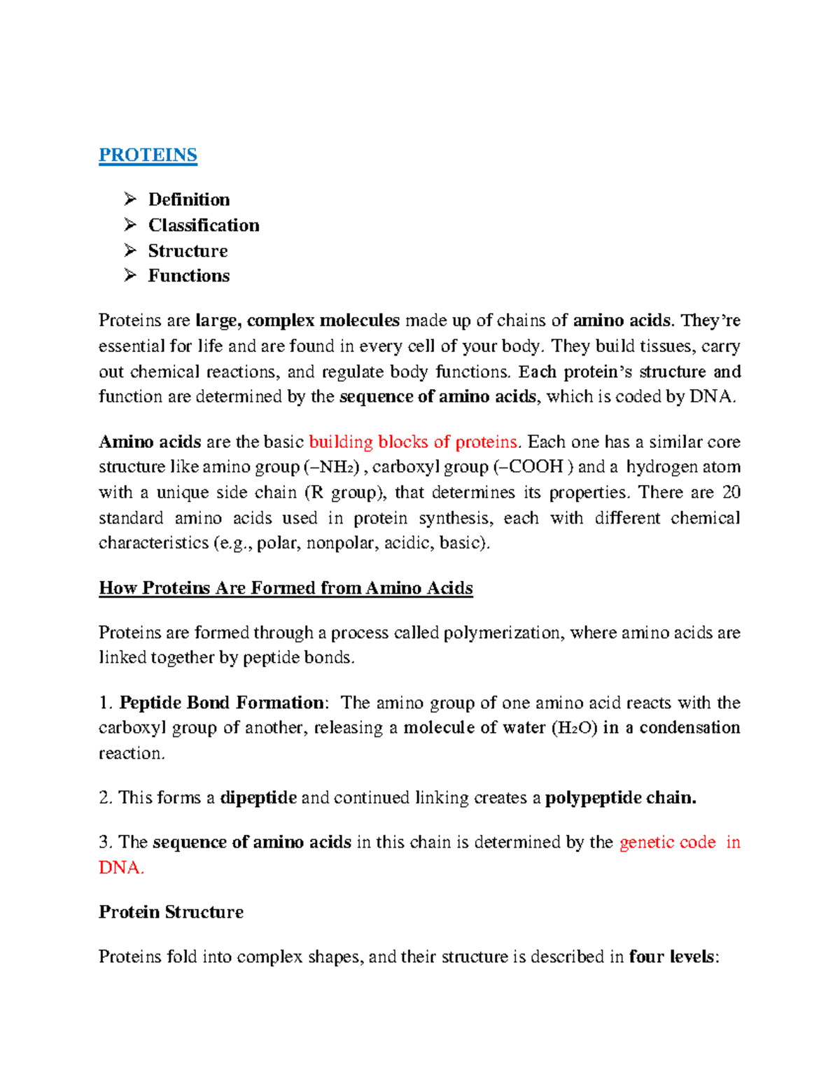 Proteins: Definition, Classification, Structure & Functions - Ndnd - Studocu