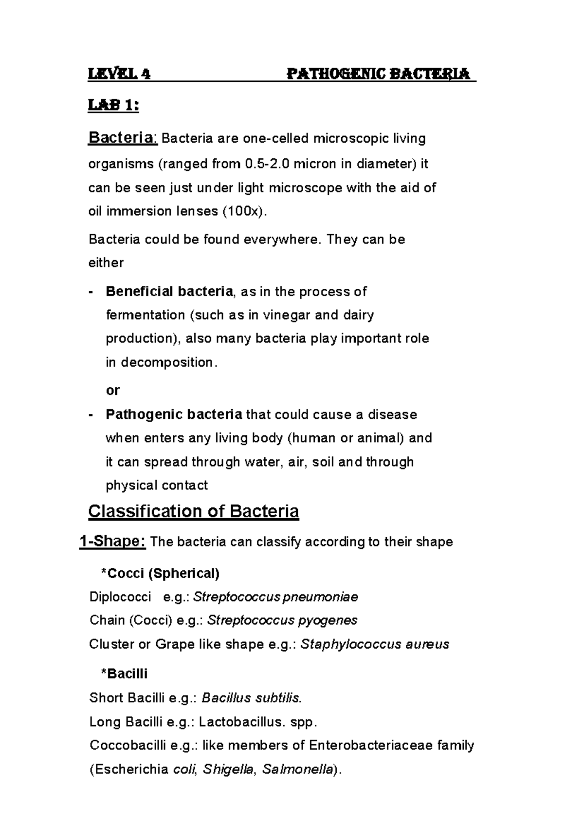 Level 4 Pathogenic Bacteria Lab 1: Classification and Culture Media - Studocu