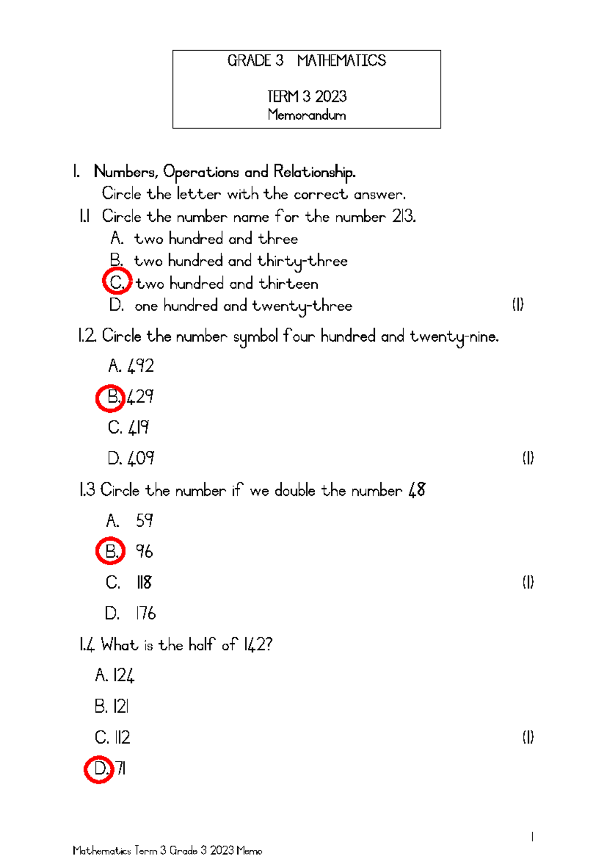 Mathematics Term 3 Grade 3 2023 Assessment Memorandum - Studocu