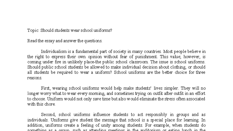 Argumentative Essay: Should Students Wear School Uniforms? (ENG 101 ...