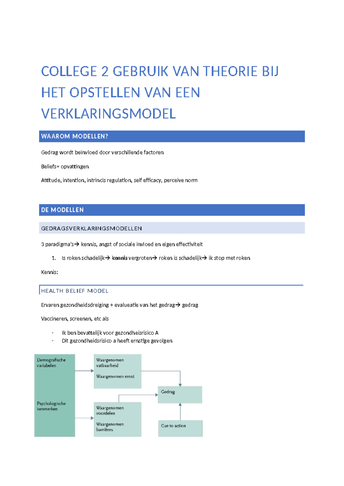 COLLEGE 2: TOEPASSING VAN THEORIE IN GEDRAGSVERKLARINGSMODELLEN ...
